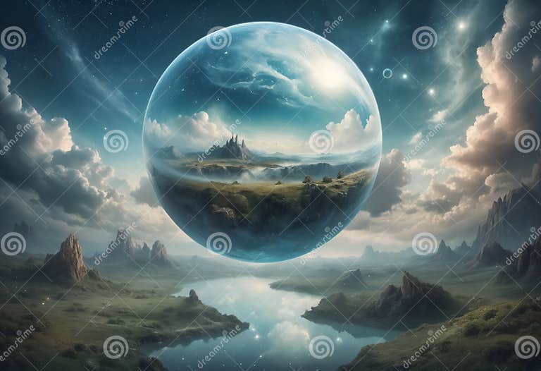 Fantasy Landscape with a Sky Sphere Stock Illustration - Illustration ...