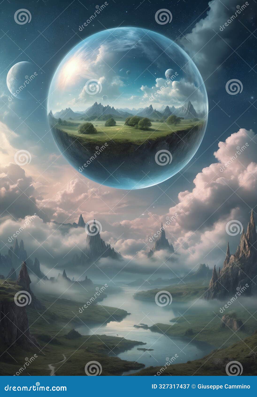 Fantasy Landscape with a Sky Sphere Stock Illustration - Illustration ...
