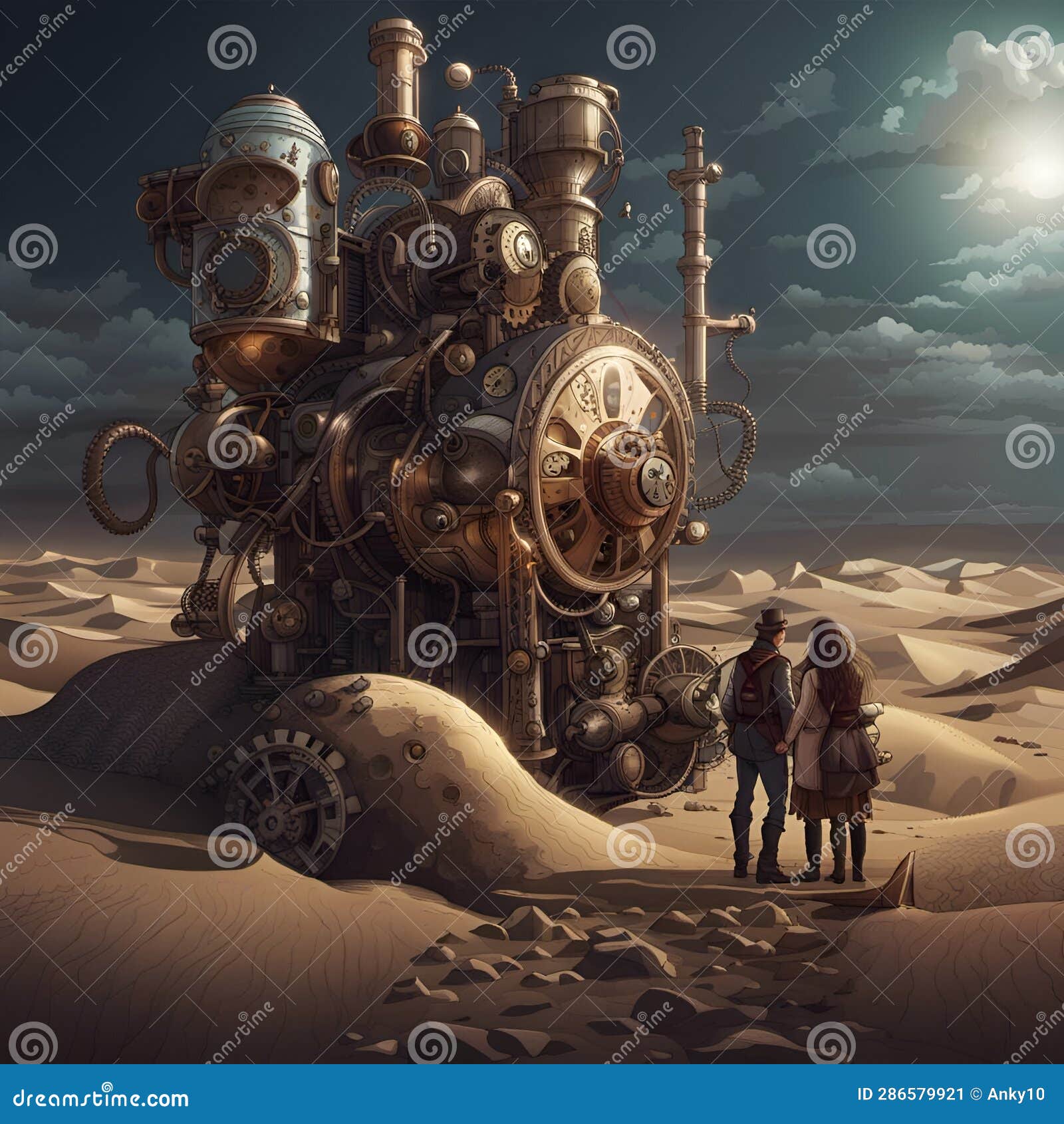 Fantasy Landscape with Steampunk Machine and People in the Desert Stock ...