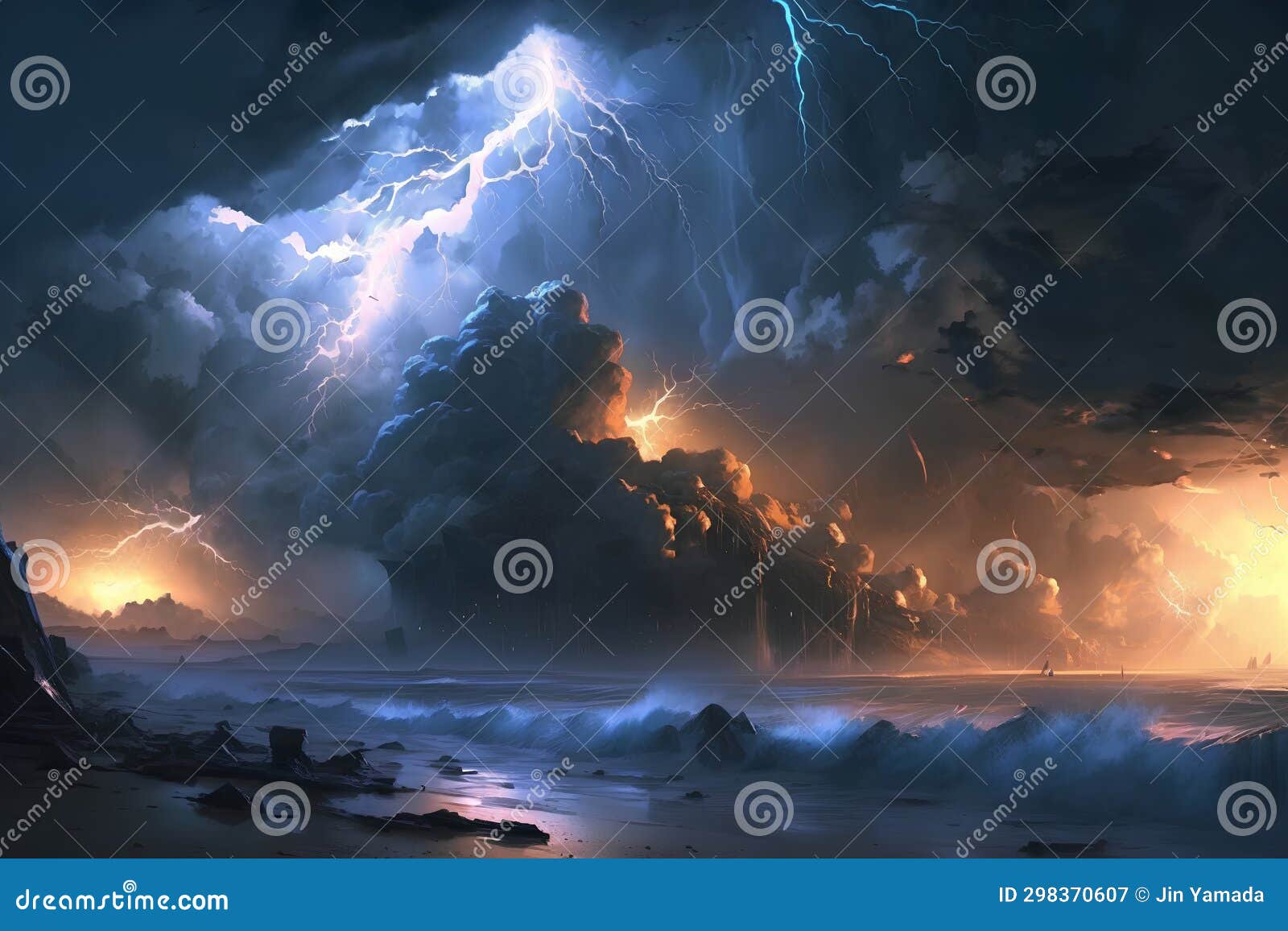 Fantasy Landscape with Stormy Sea and Lightning in the Sky. Stock ...