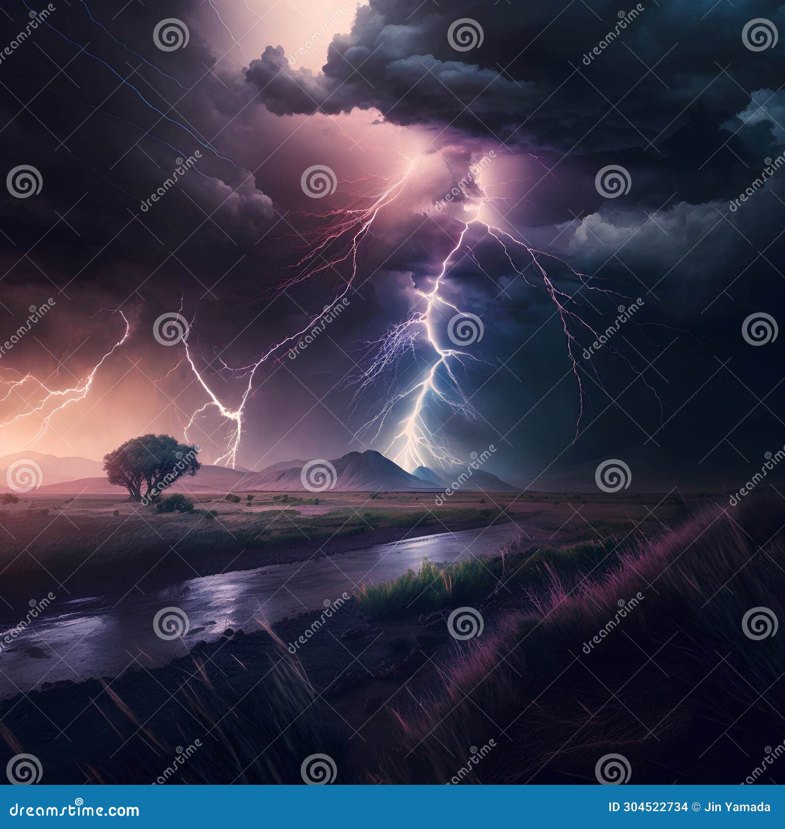 Fantasy Landscape with Stormy Sky and Lightning. 3D Rendering Stock ...