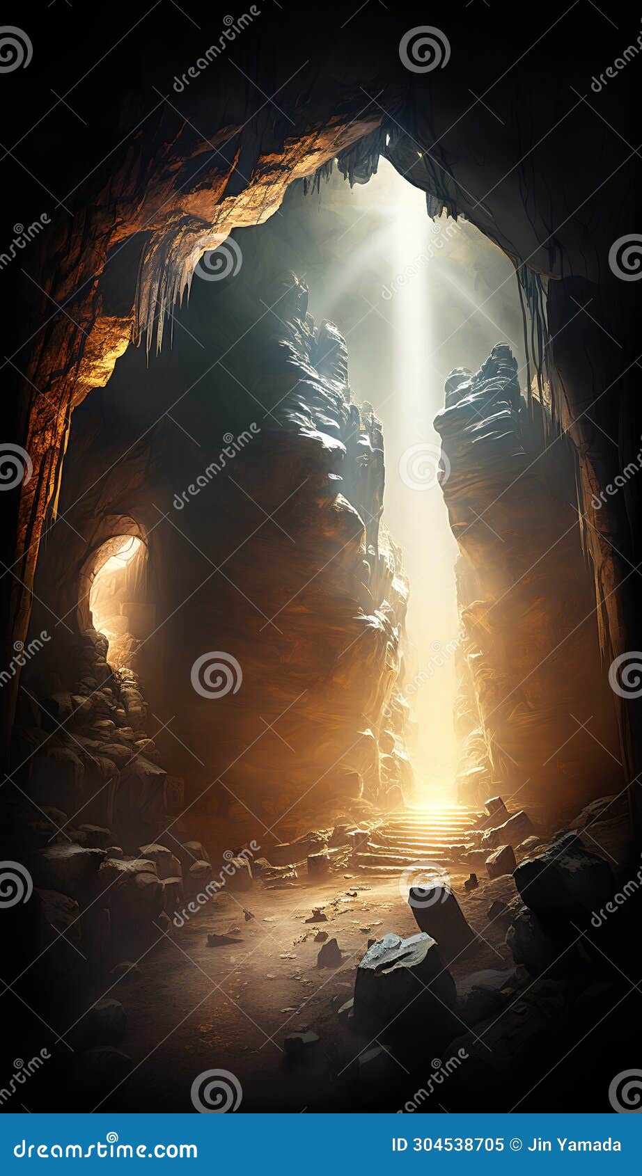 Fantasy Landscape with Sun Rays in Cave. 3D Rendering Stock ...