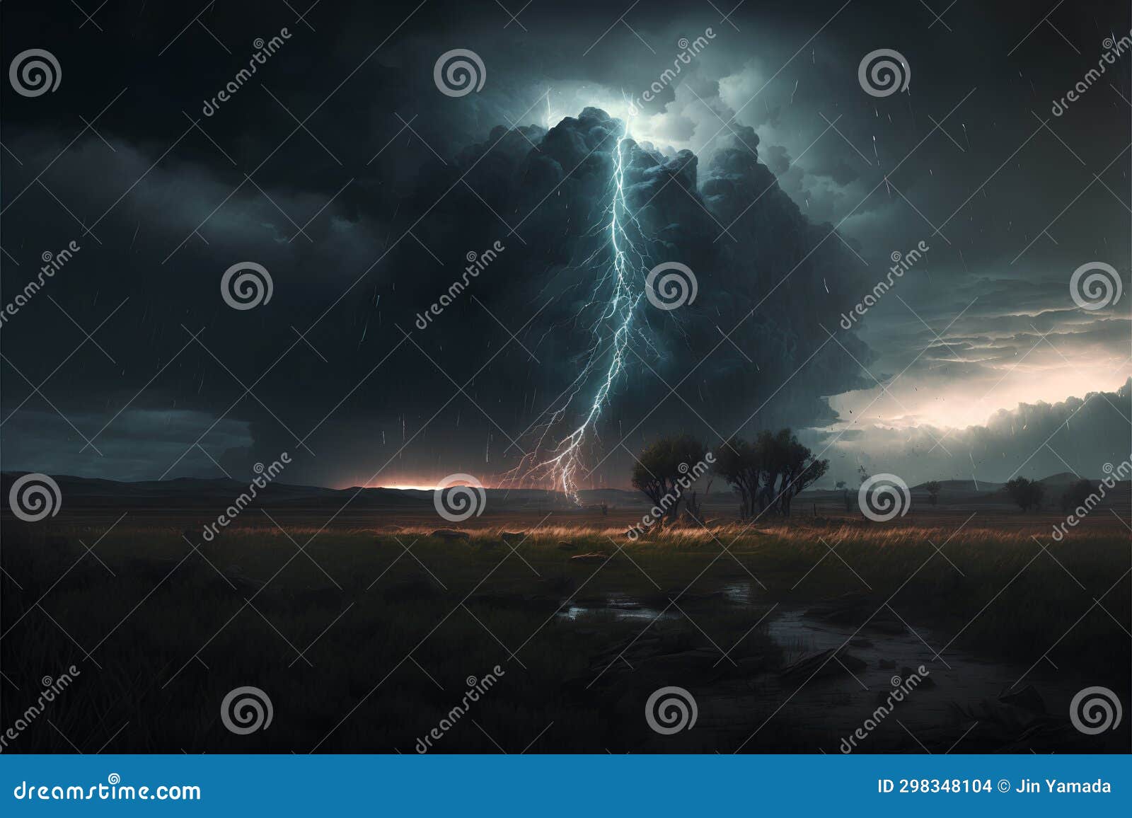 Fantasy Landscape with Thunderstorm and Lightning. 3D Illustration ...