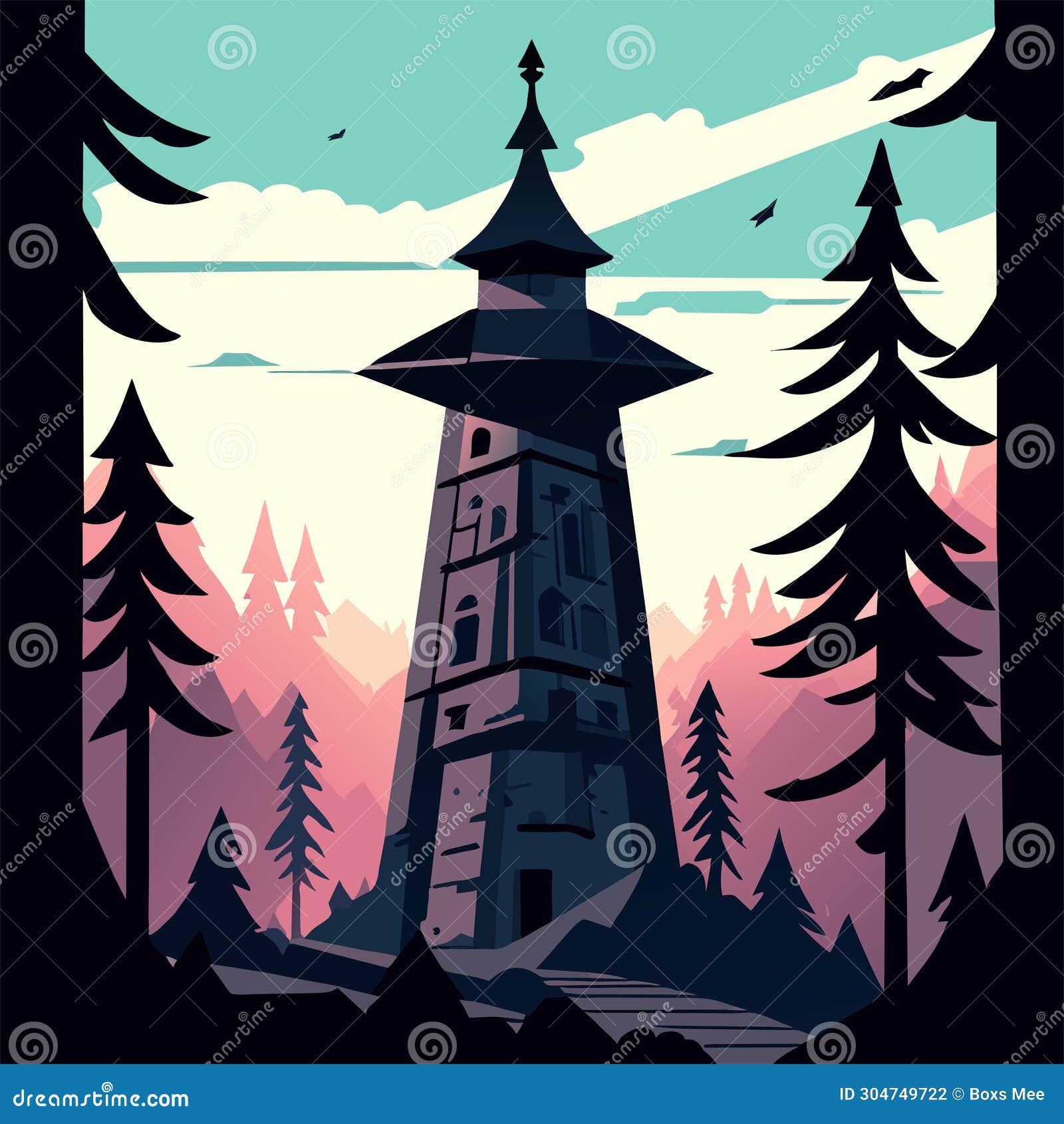 Fantasy Landscape with a Tower in the Forest. Vector Illustration Stock ...