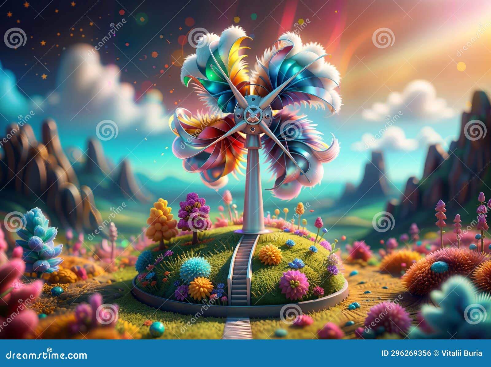 Fantasy Landscape with Windmill. 3d Illustration. Elements for Design ...