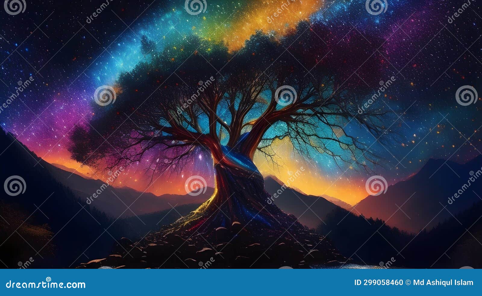 Fantasy Landscape with a Tree in the Foreground and a Colorful Starry ...