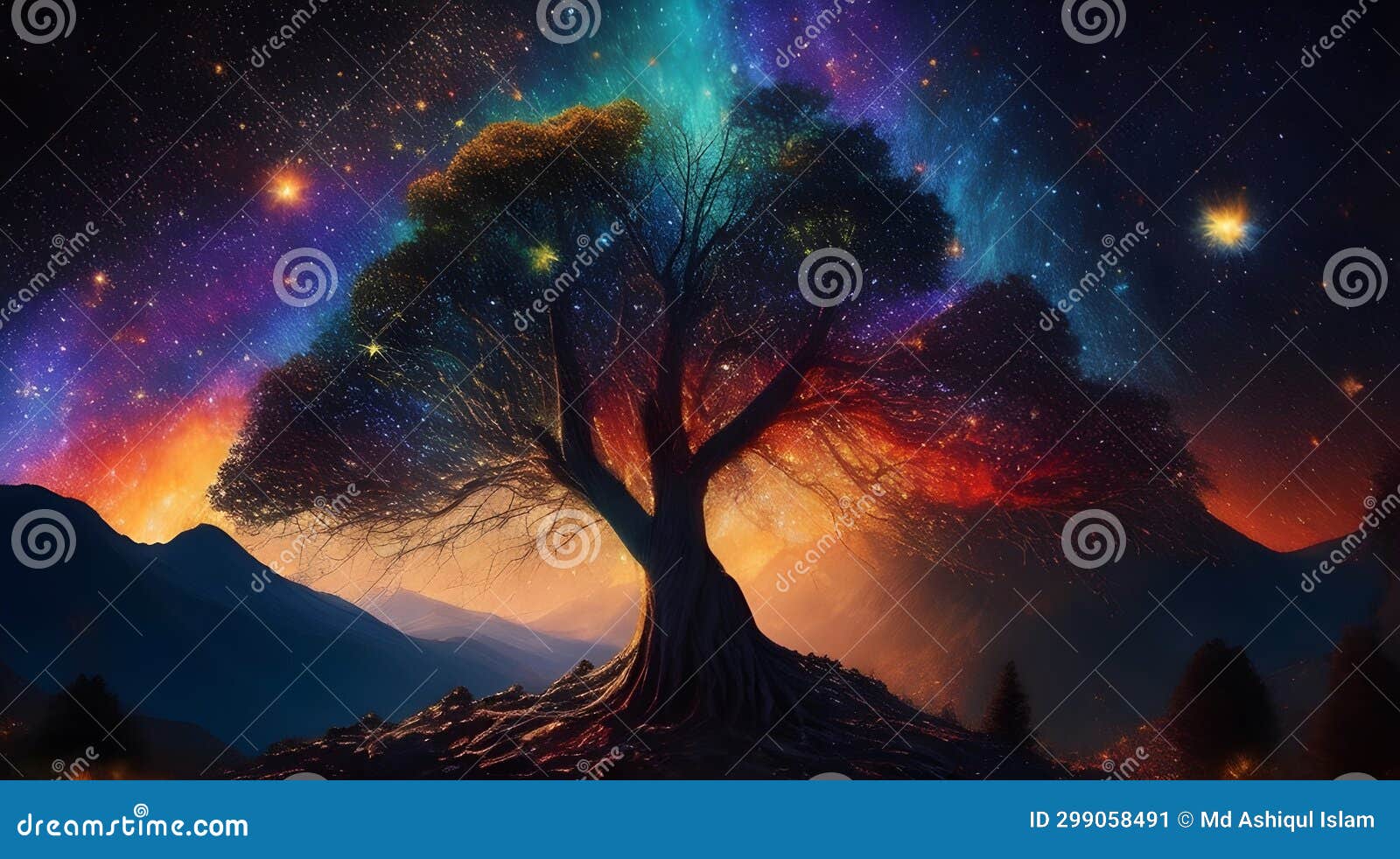 Fantasy Landscape with a Tree in the Foreground and a Colorful Starry ...