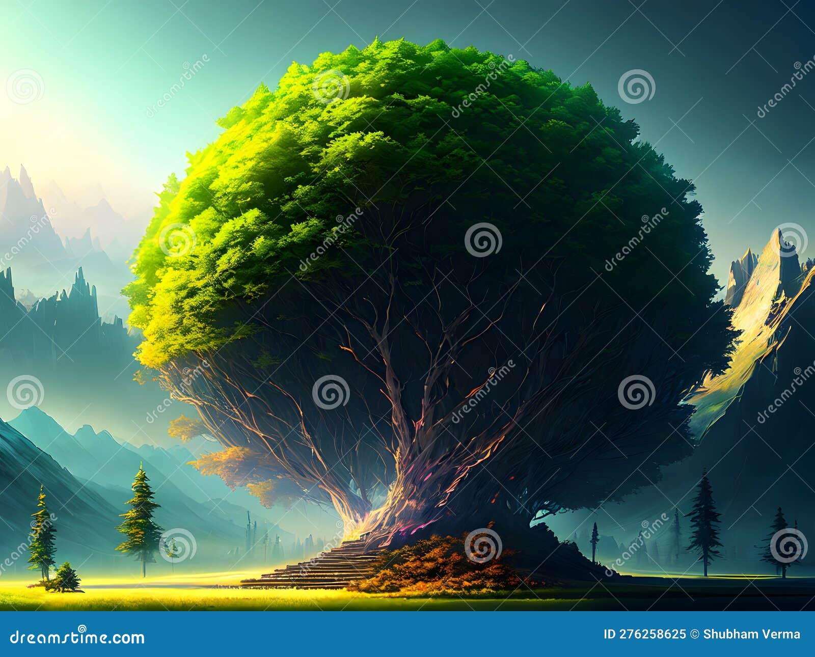 Fantasy Landscape with a Tree in the Foreground Stock Illustration ...