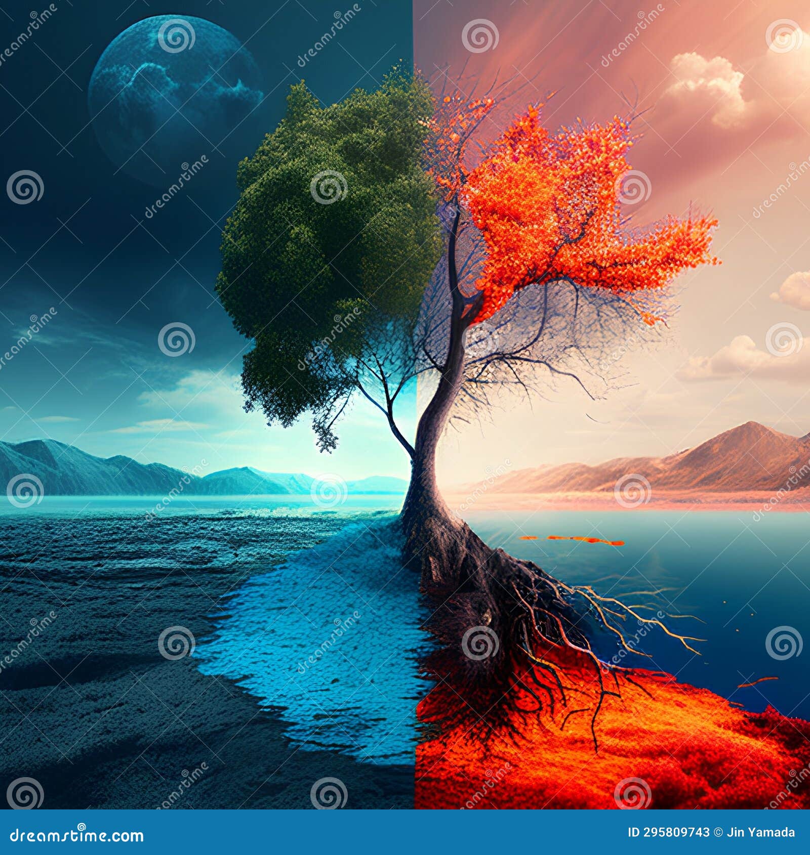 Fantasy Landscape with a Tree on the Lake Shore. Collage Stock ...