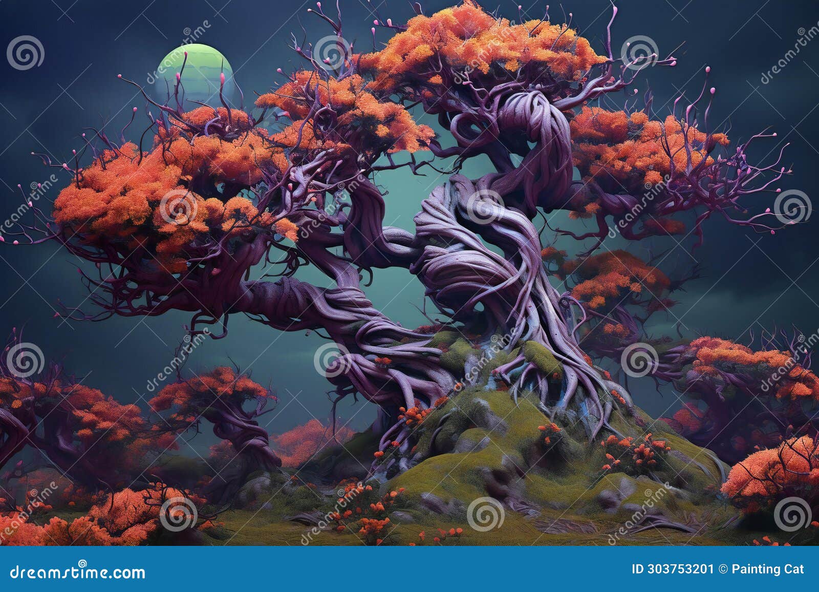 Fantasy Landscape with Fantasy Tree and Moon Stock Illustration ...
