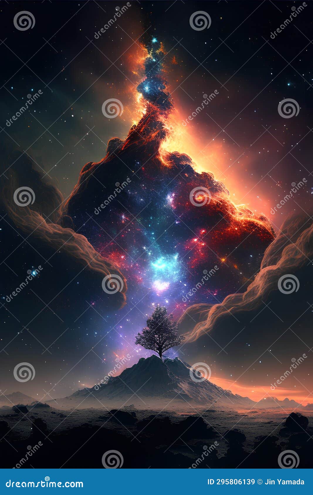 Fantasy Landscape with Tree in the Shape of a Mountain and Stars. Stock ...