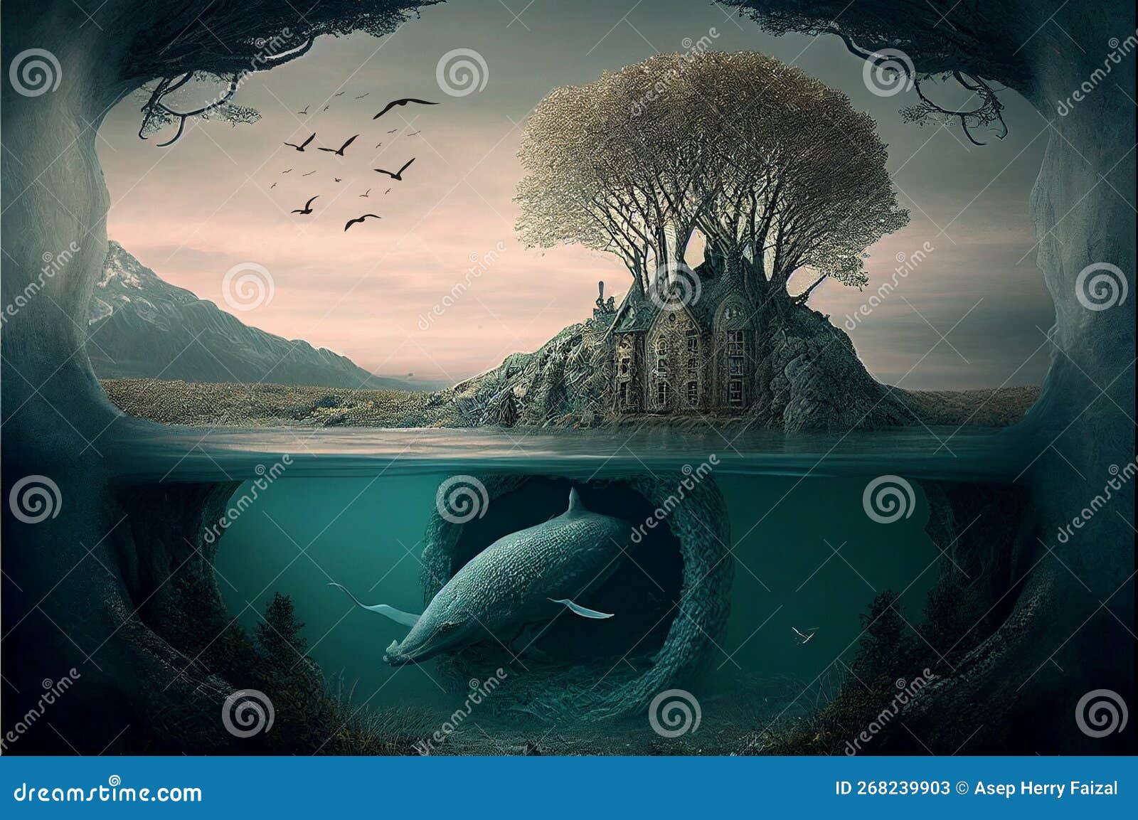 Fantasy Landscape with Tree and Underwater Stock Image - Image of ...