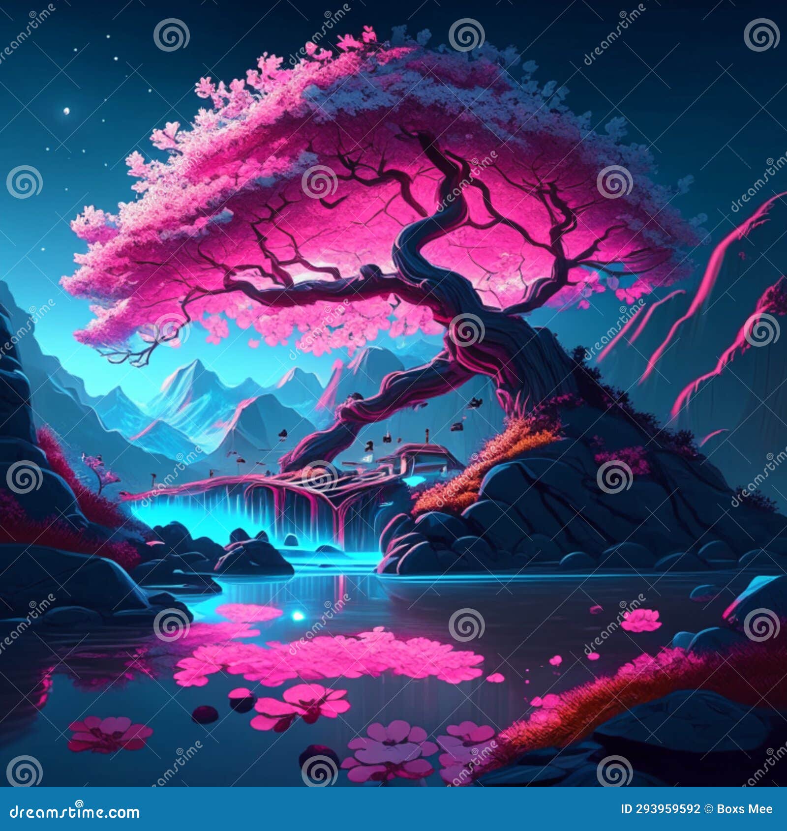 Fantasy Landscape with a Tree in the Water. Vector Illustration Stock ...