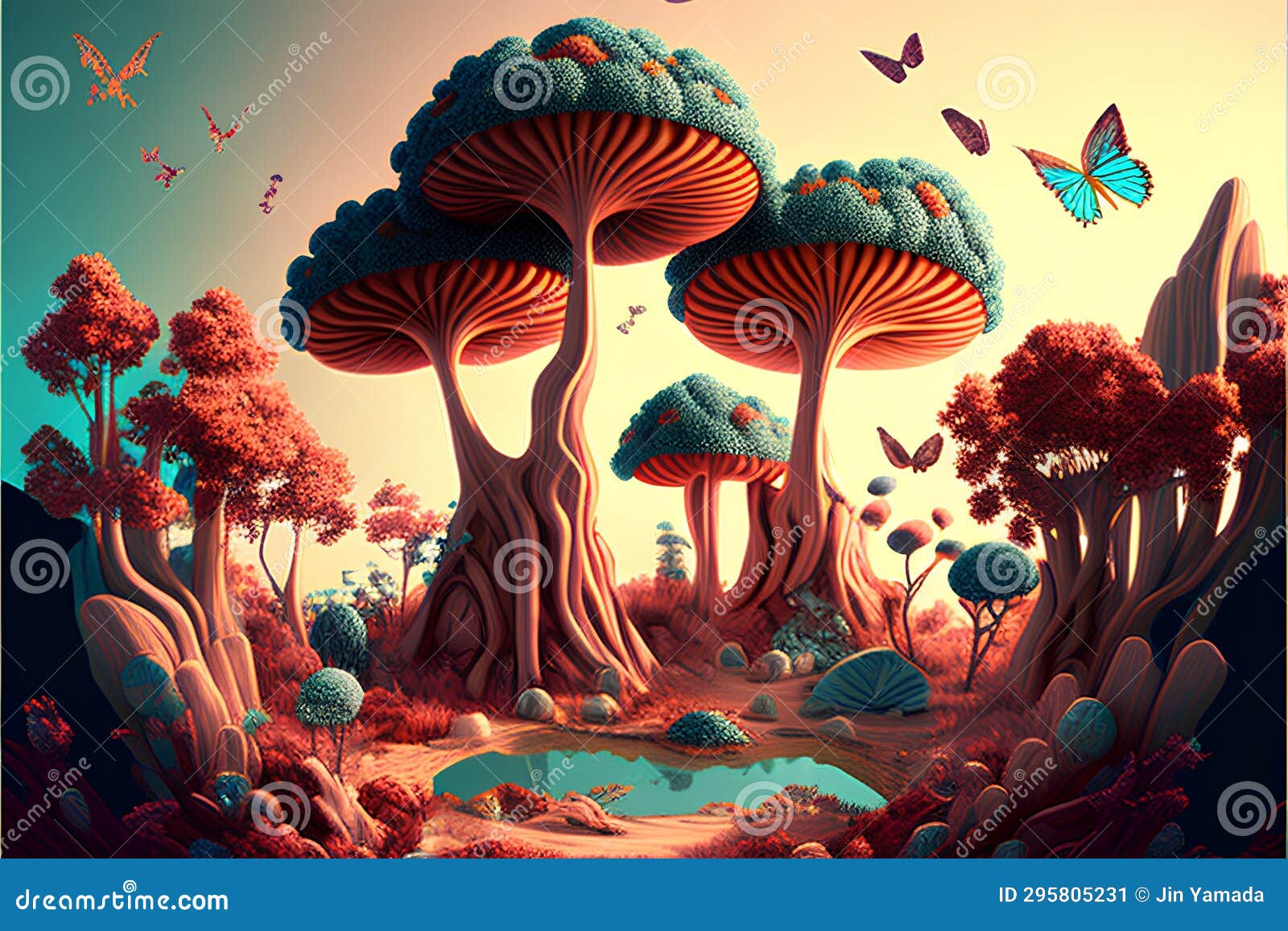 Fantasy Landscape with Fantasy Trees and Pond. 3d Illustration Stock ...