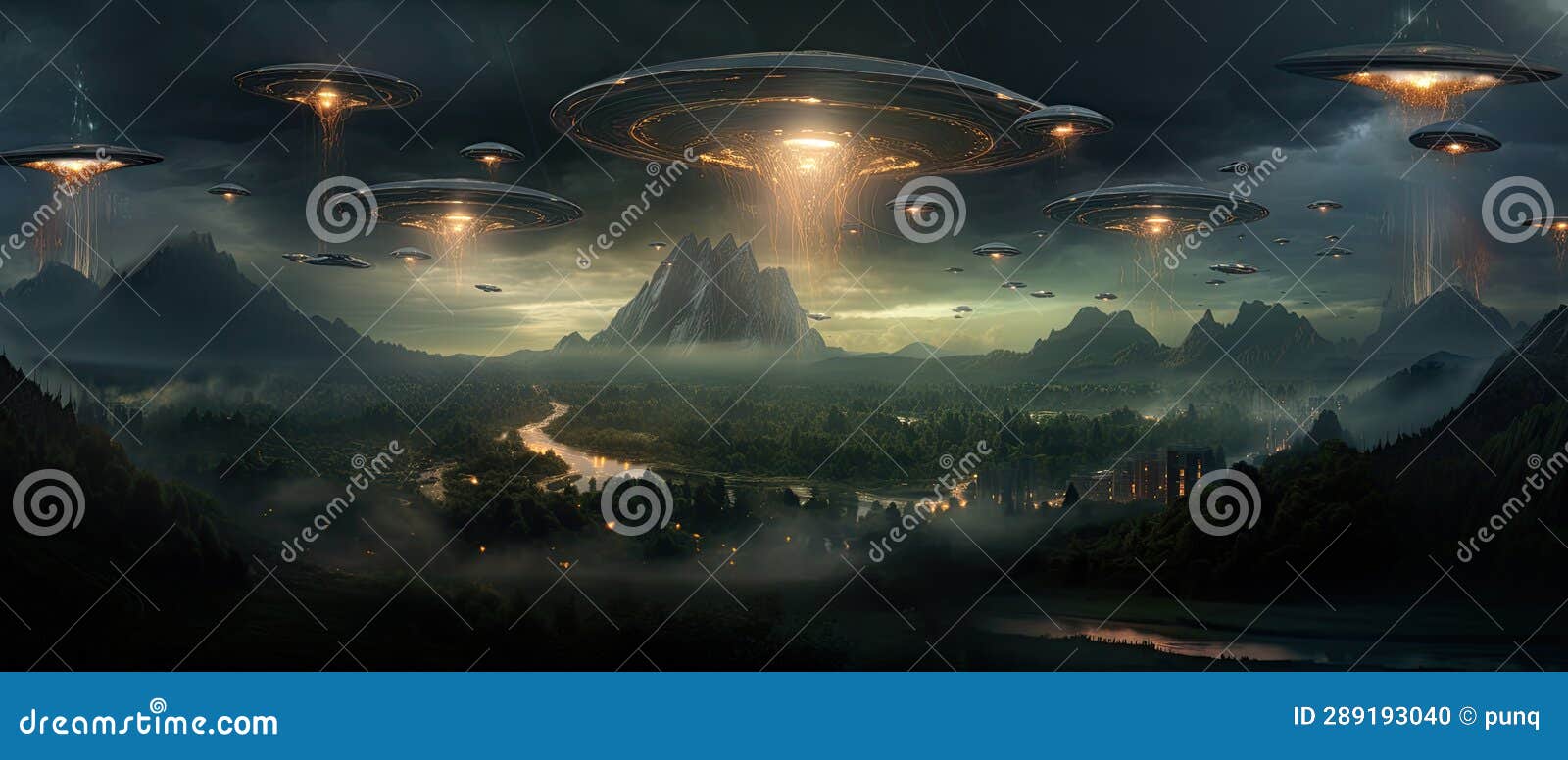 Fantasy Landscape with UFO Flying Over the Planet Stock Illustration ...