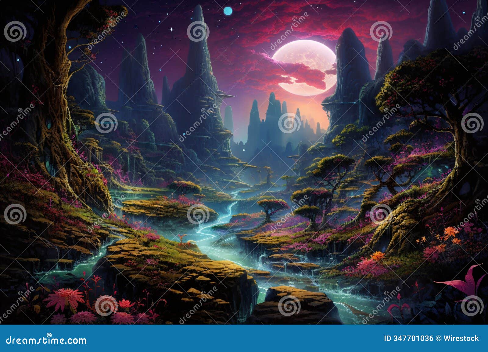 Fantasy Landscape with Vibrant Flora and Glowing Moon. Stock ...