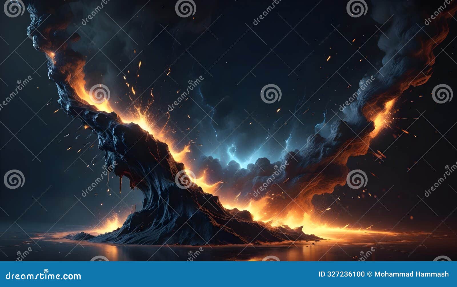 Fantasy Landscape with a Volcanic Eruption Spewing Fire and Smoke into ...