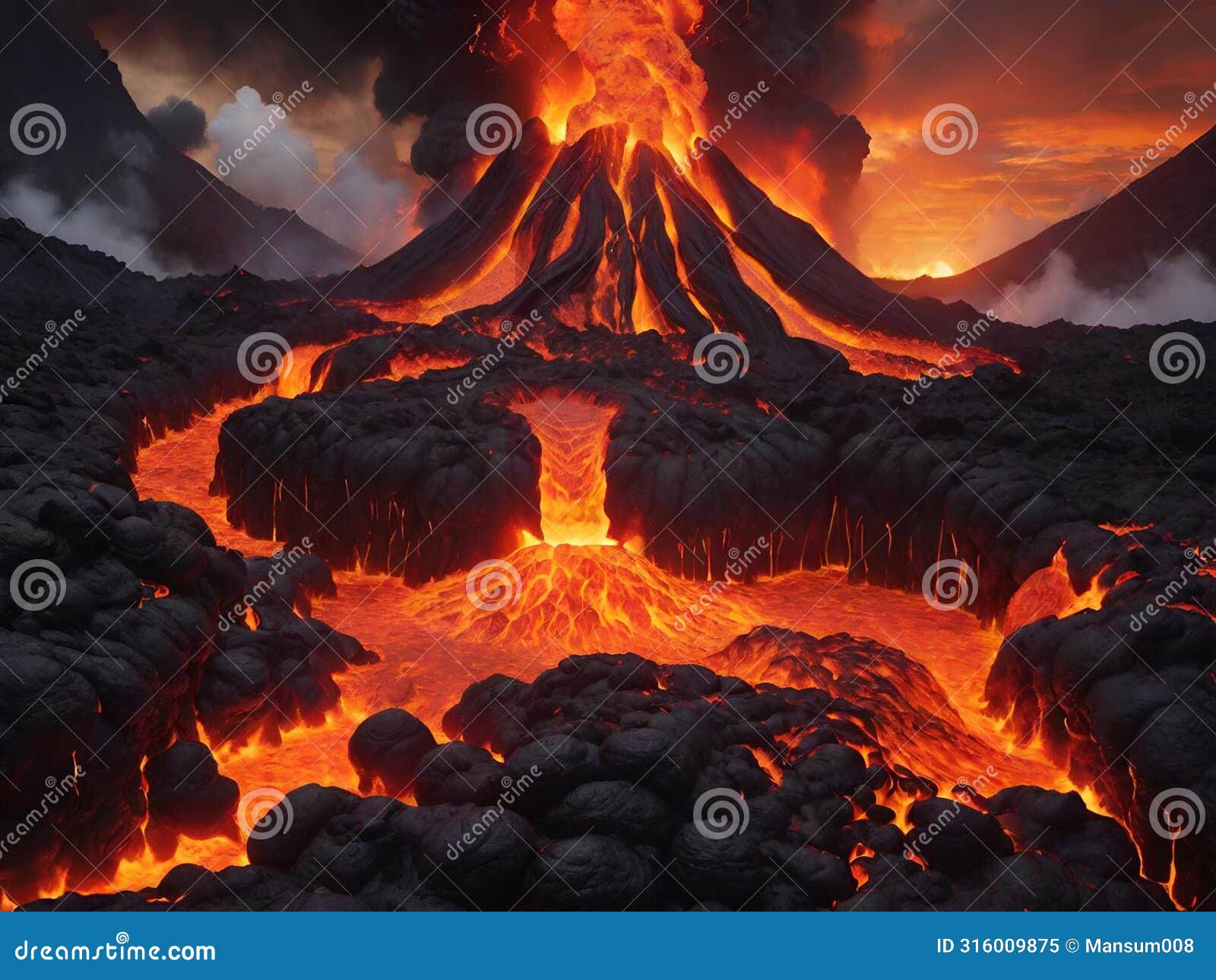 Fantasy Landscape with Volcano and Fire Stock Illustration ...
