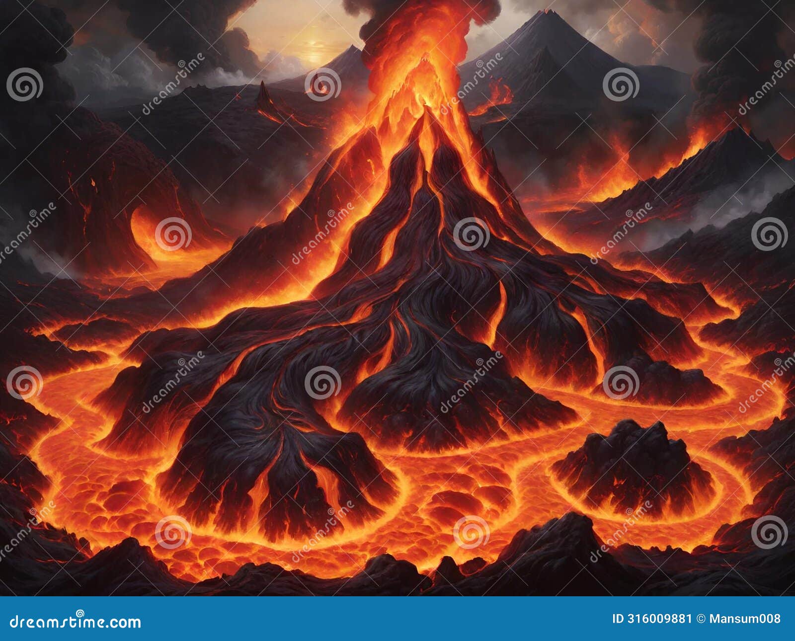 Fantasy Landscape with Volcano and Fire Stock Illustration ...