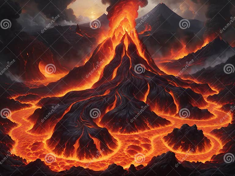 Fantasy Landscape with Volcano and Fire Stock Illustration ...