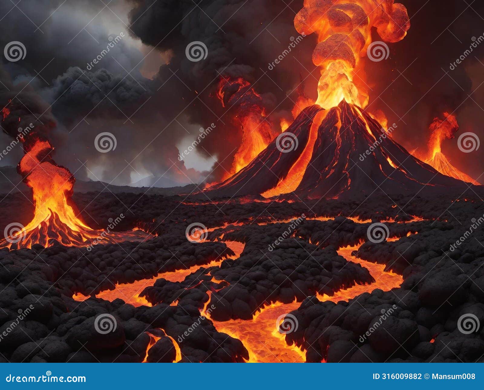 Fantasy Landscape with Volcano and Fire Stock Illustration ...
