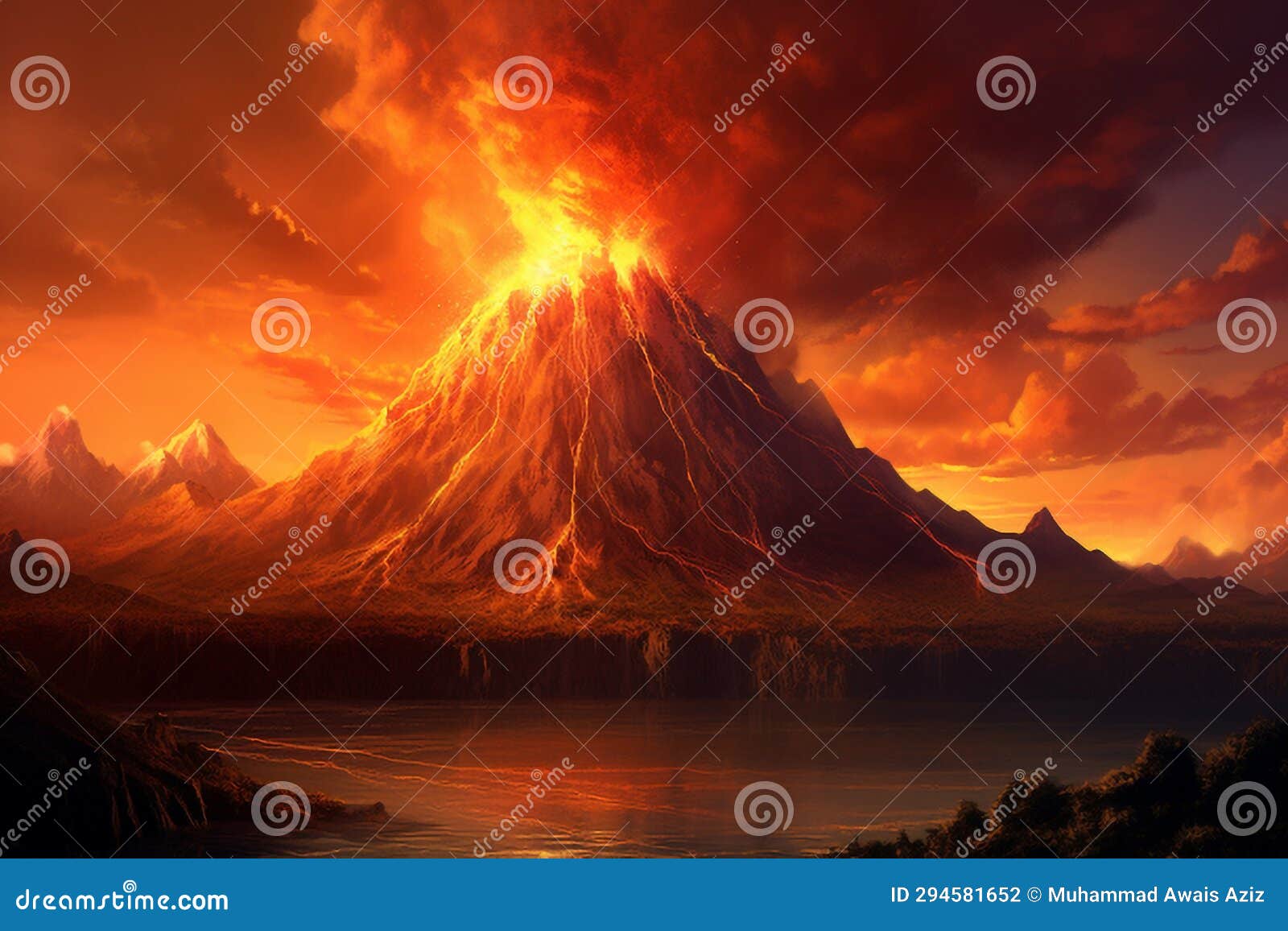 Fantasy Landscape with Volcano and Lake Stock Illustration ...