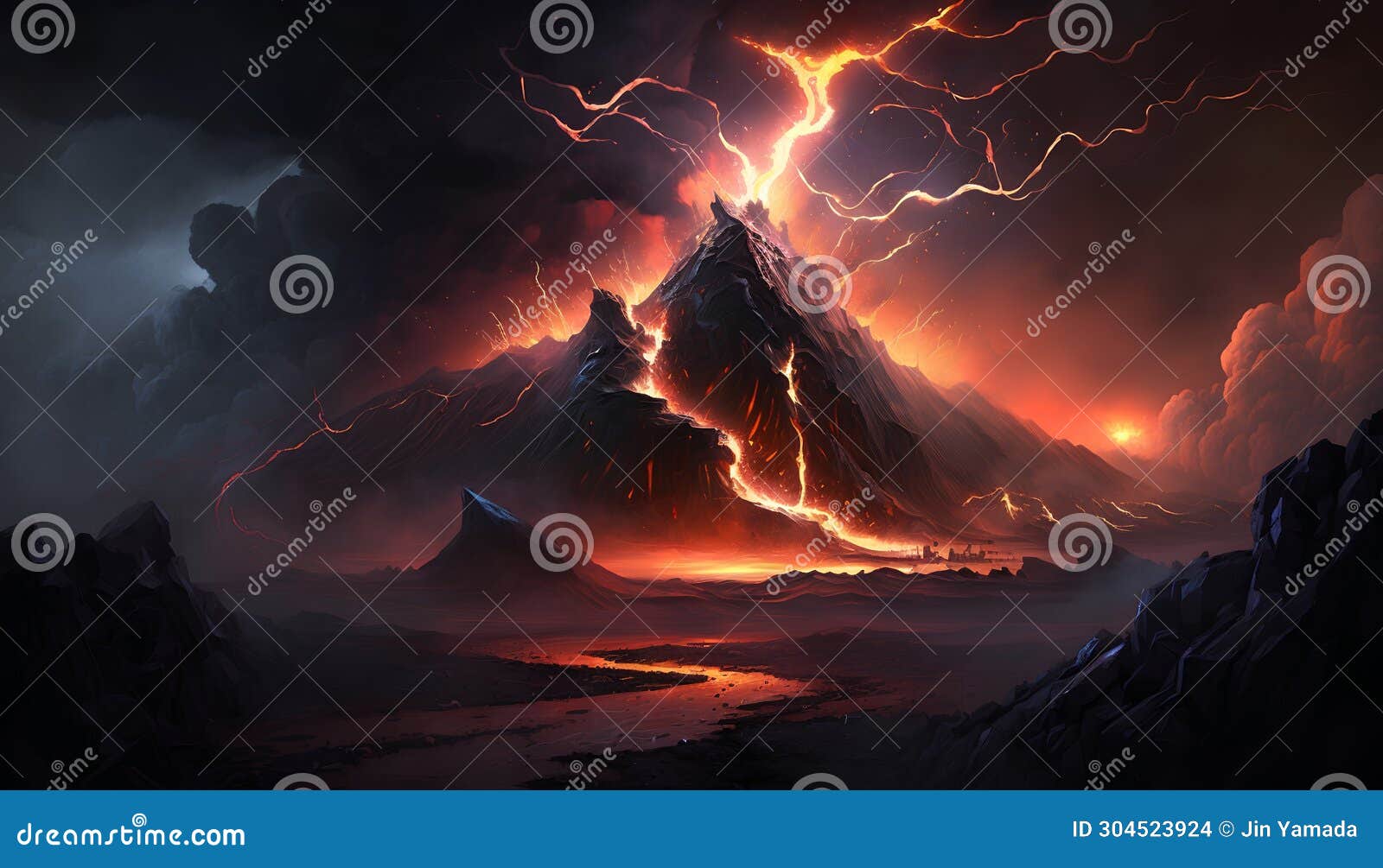 Fantasy Landscape with Volcano and Lightning. 3d Illustration. Digital ...