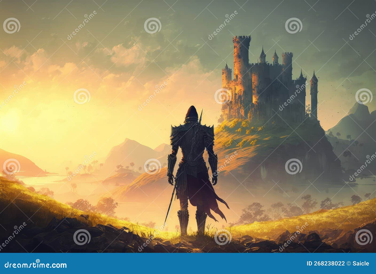 Fantasy Landscape with Warrior and Castle. Generative AI Stock ...