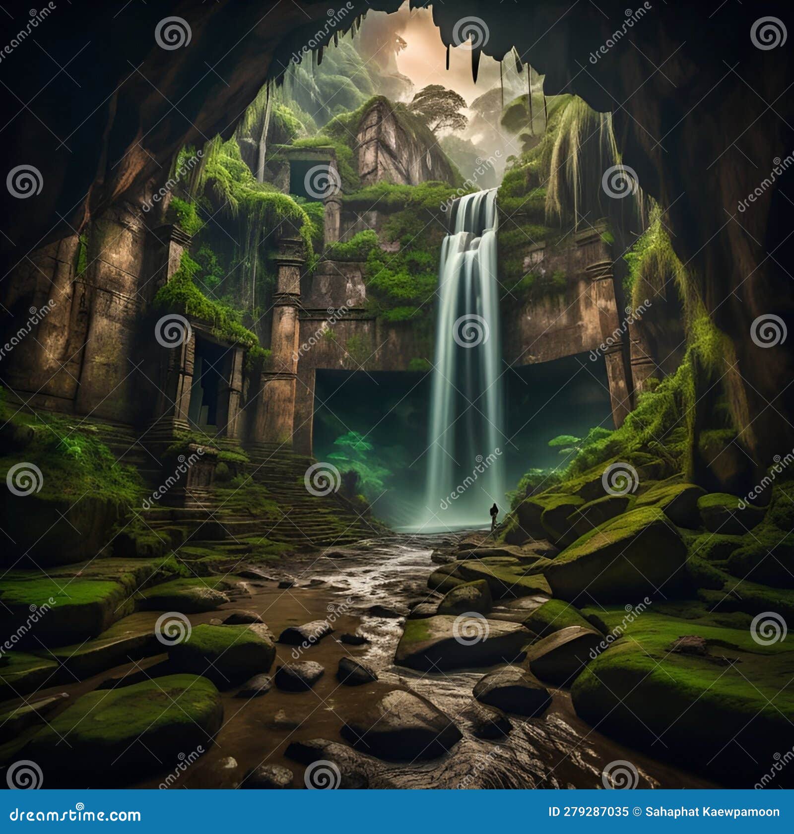 Fantasy Landscape with a Waterfall in a Cave. 3D Rendering Stock ...