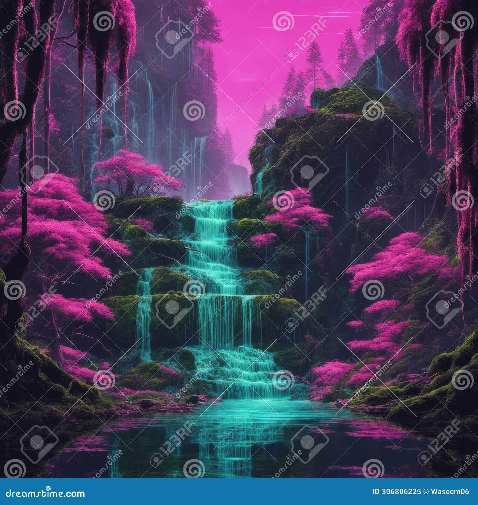 Fantasy Landscape with Waterfall. Digital Art Painting Stock ...