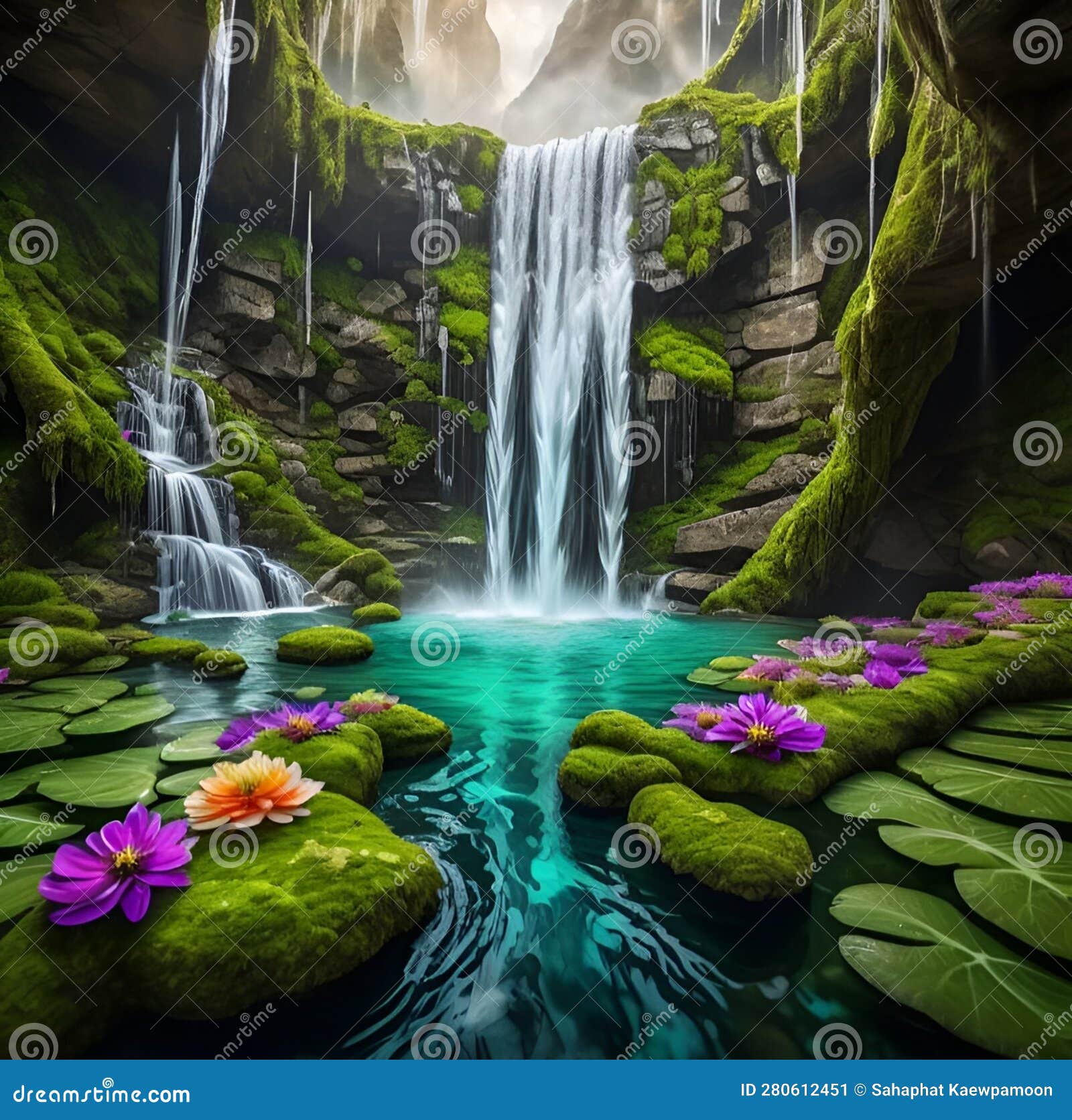 Fantasy Landscape with Waterfall and Flowers. 3d Render Illustration ...