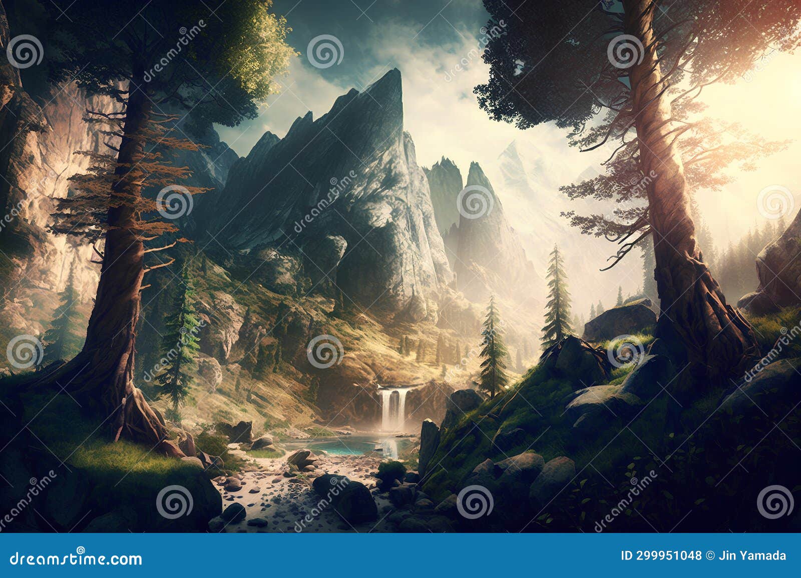Fantasy Landscape with a Waterfall in the Mountains. 3d Rendering Stock ...