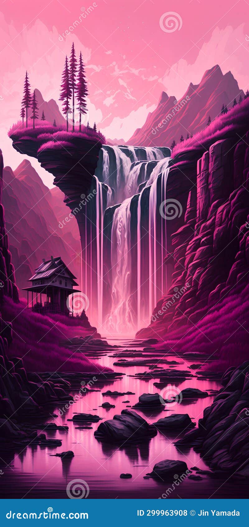 Fantasy Landscape with a Waterfall in the Mountains. Vector ...