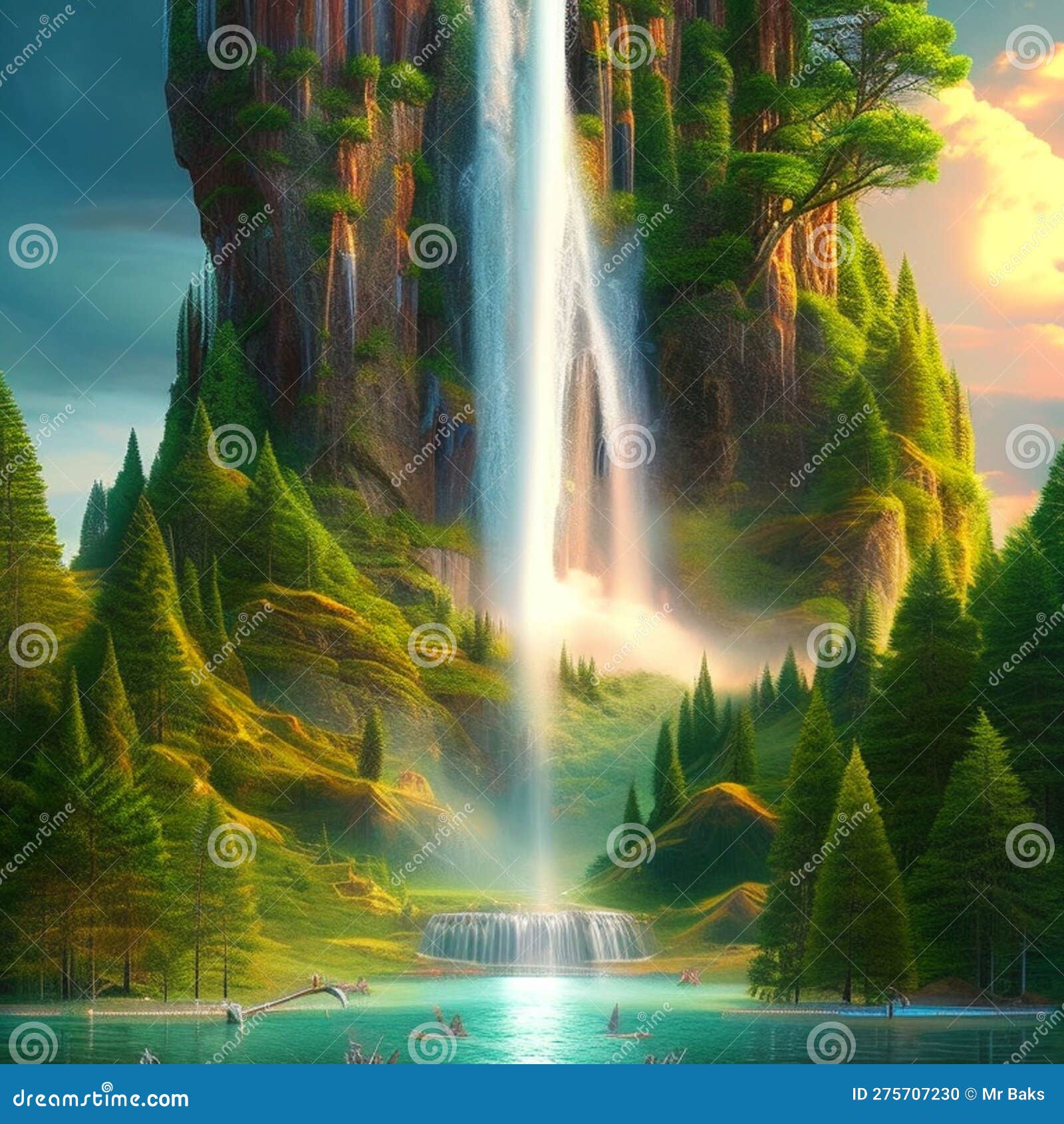 Fantasy Landscape with Waterfall. Stock Illustration - Illustration of ...