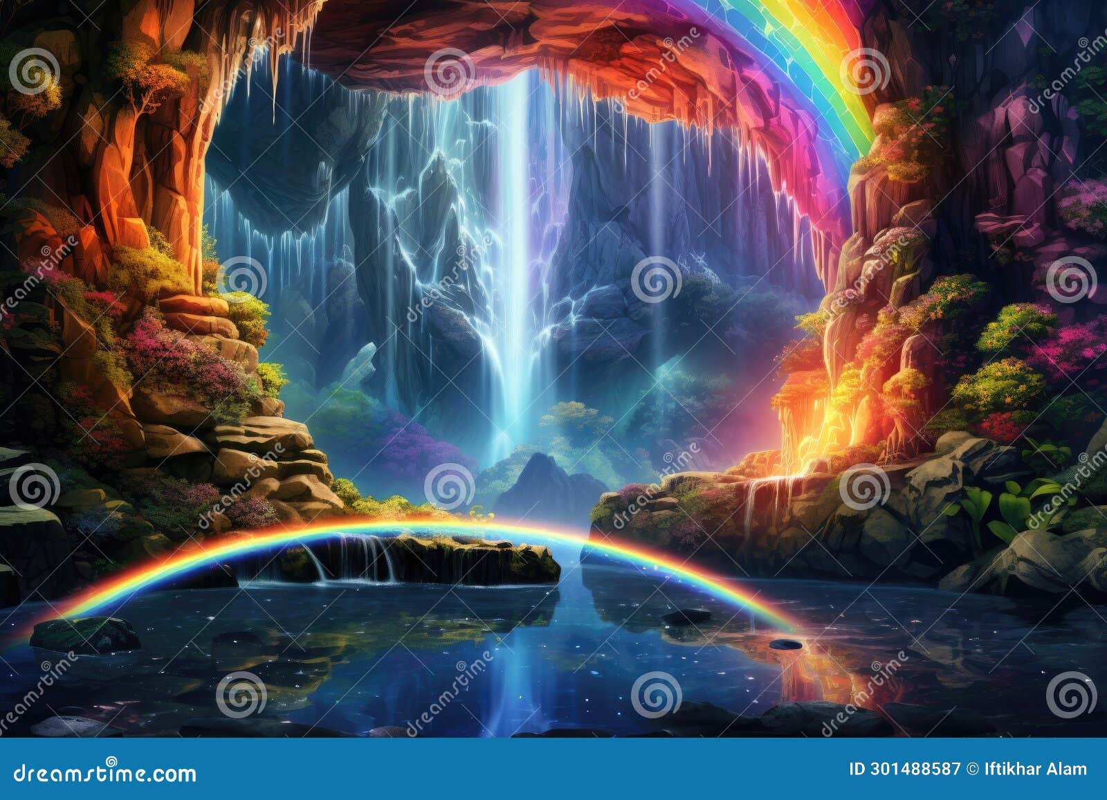 Fantasy Landscape with Waterfall and Rainbow, 3d Render. Computer ...