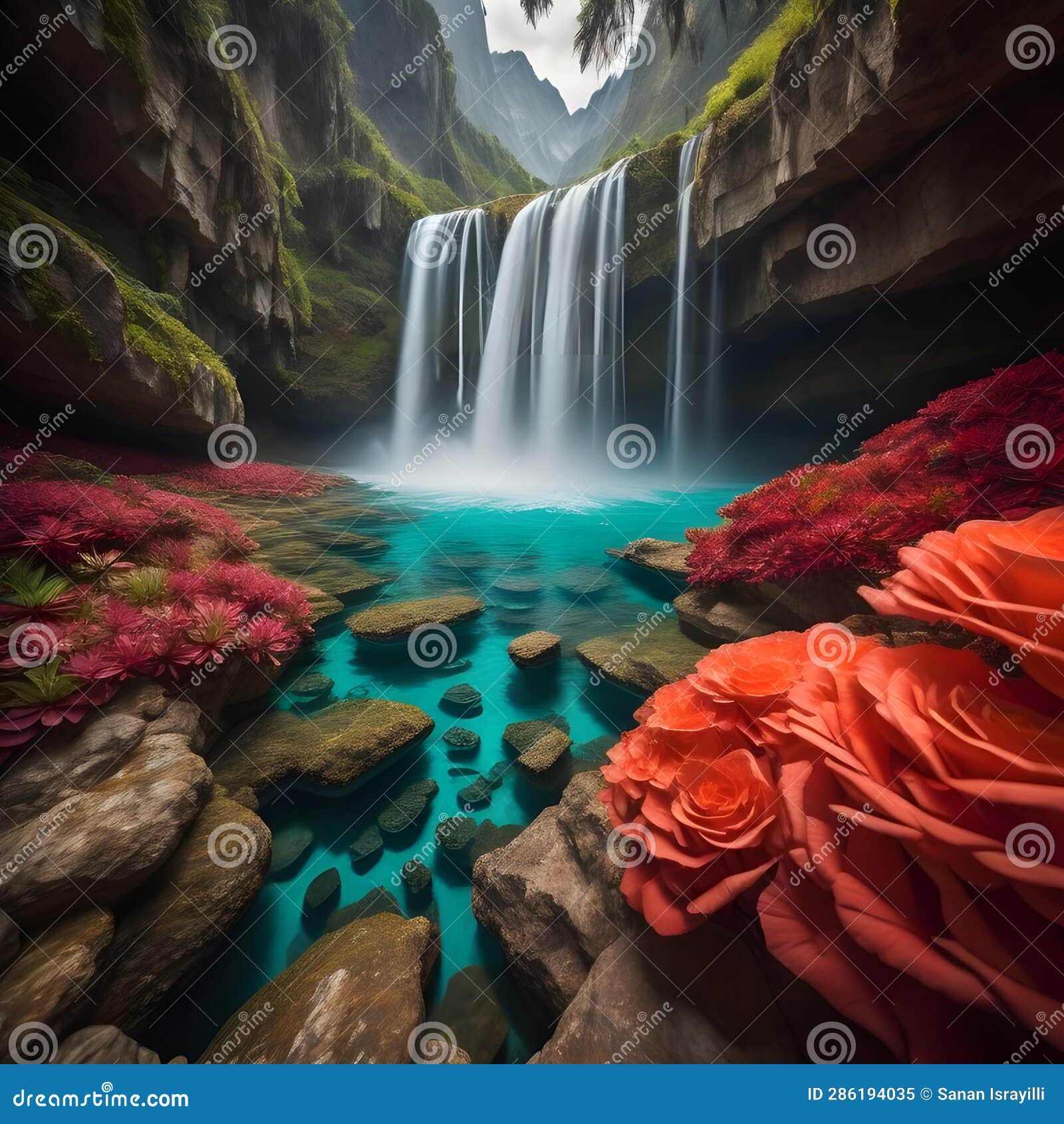 Fantasy Landscape with Waterfall and Red Roses. Generative Ai Stock ...