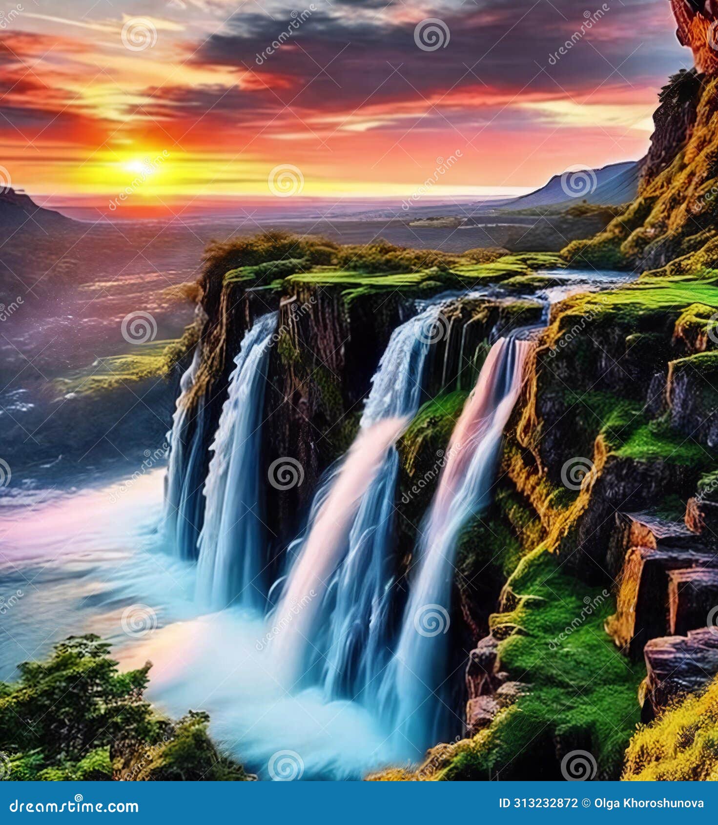 Fantasy Landscape with Waterfall at Sunset Stock Photo - Image of ...