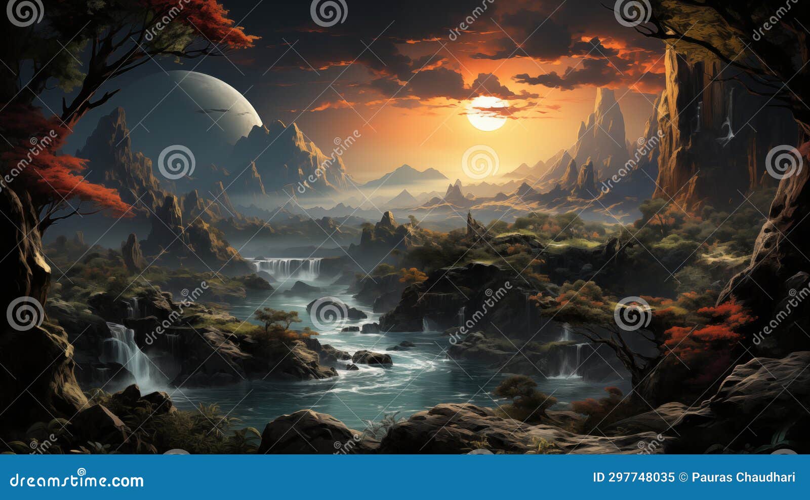 Fantasy Landscape with Waterfalls, Exotic Trees, and a Dramatic Sunset ...