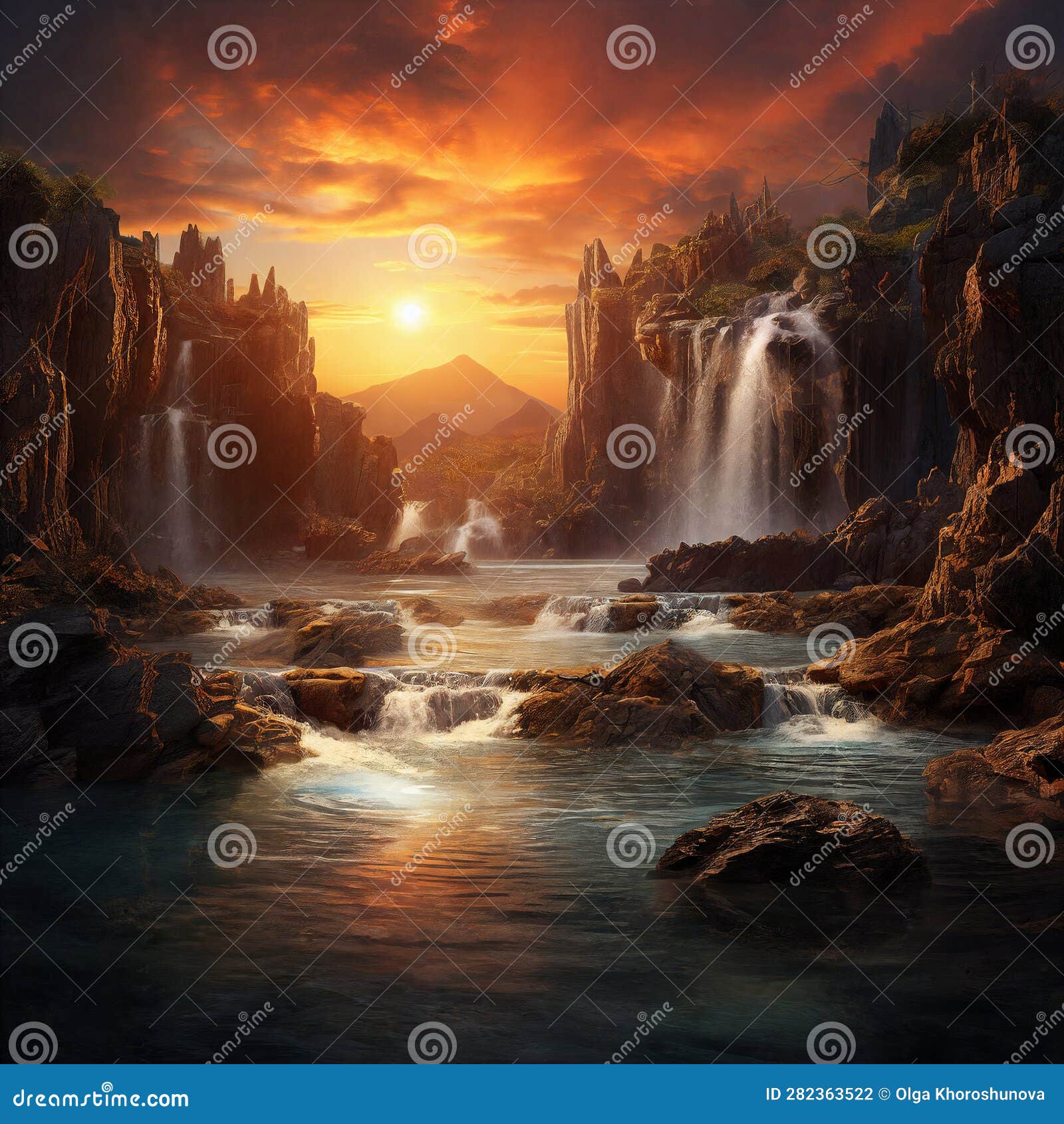 Fantasy Landscape with Waterfalls, Sunset. Generative AI Stock ...