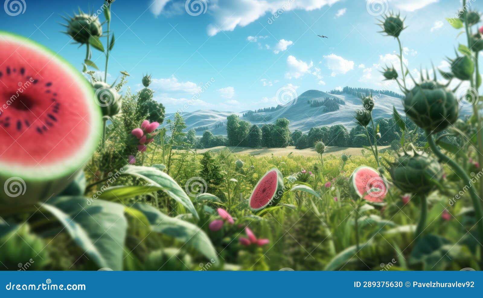 Fantasy Landscape with Watermelon and Flowers in the Meadow Stock ...