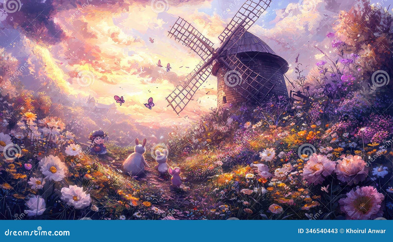 Fantasy Landscape with Windmill Flowers and Two Children Walking ...