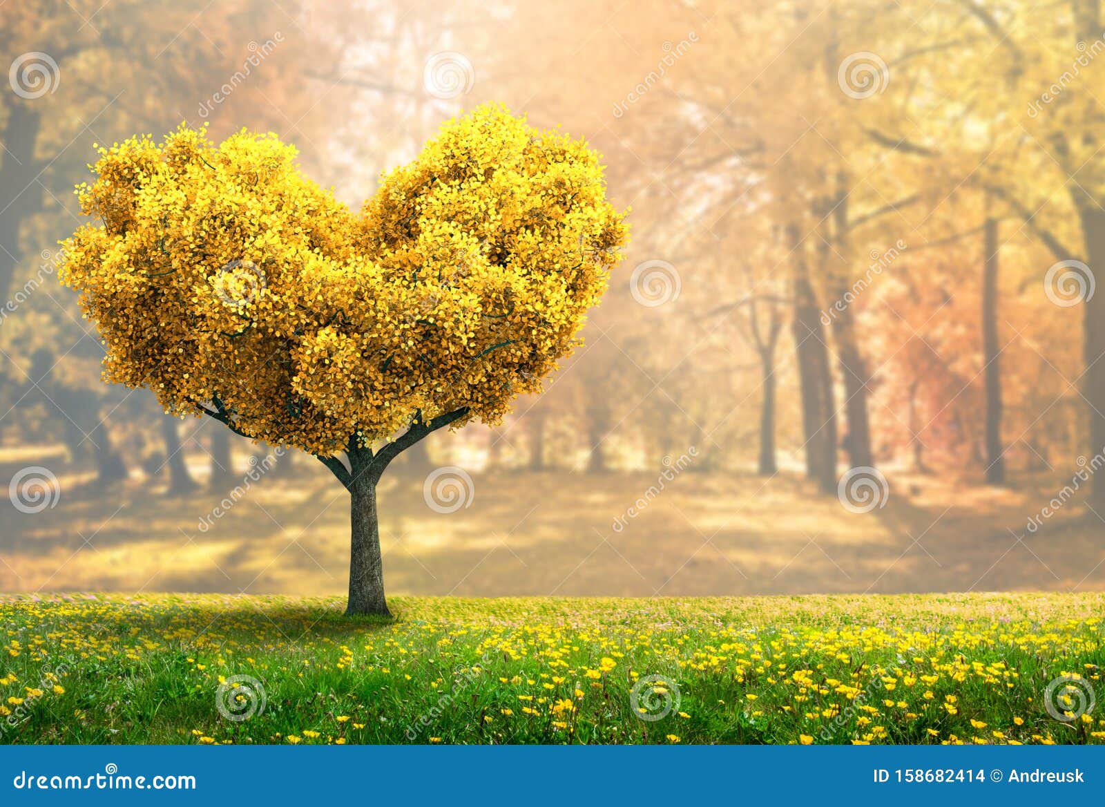 A Fantasy Landscape with Yellow Autumn Tree Stock Photo - Image of ...
