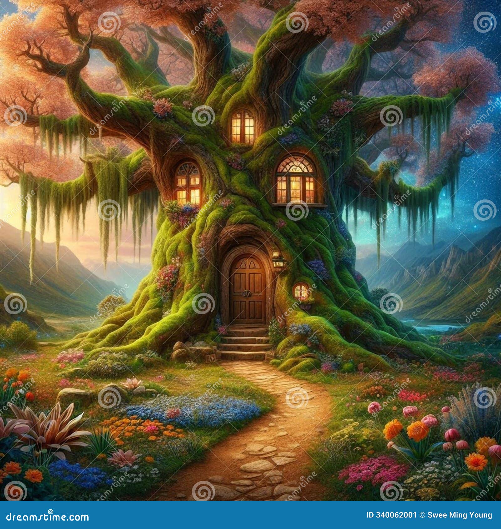 A Fantasy Large Oak Tree with Windows and a Door with a Dirt Path ...