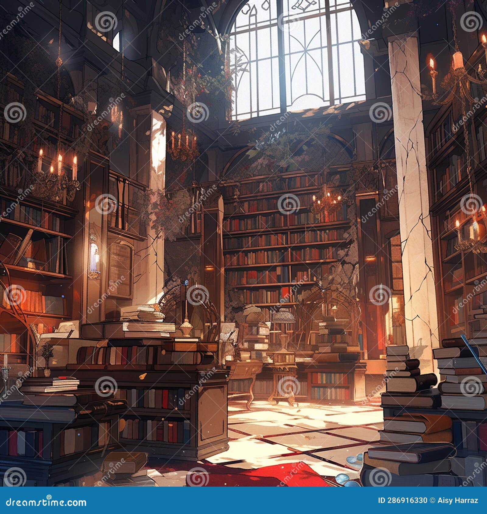 A Fantasy Library Anime Illustration. a Beautiful View of Library in ...