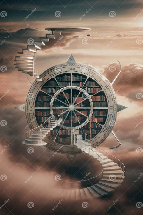 Fantasy Library with Spiral Staircase and Compass in the Clouds Stock ...