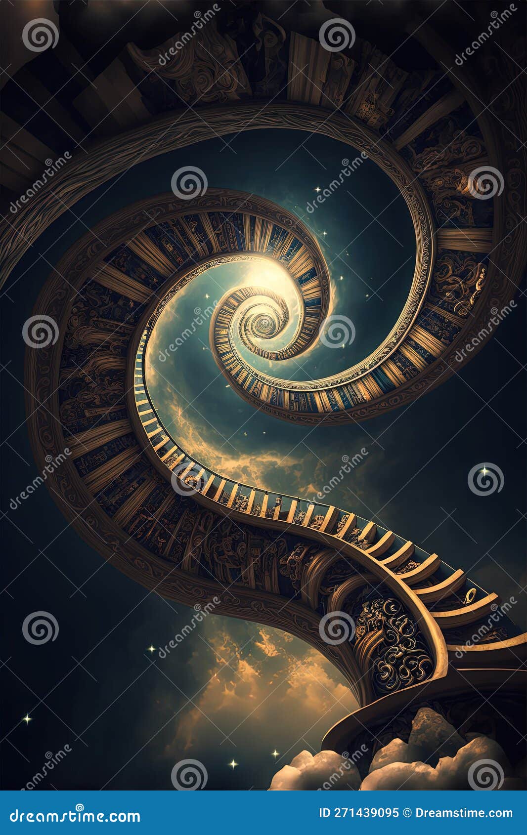 Fantasy Library with Spiral Stairs To the Sky. Generative Ai Stock ...
