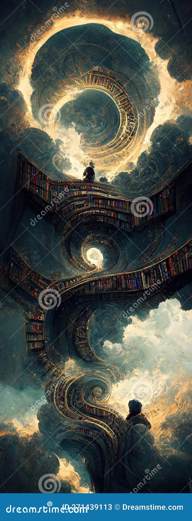 Fantasy Library with Spiral Stairs To the Sky. Generative Ai Stock ...