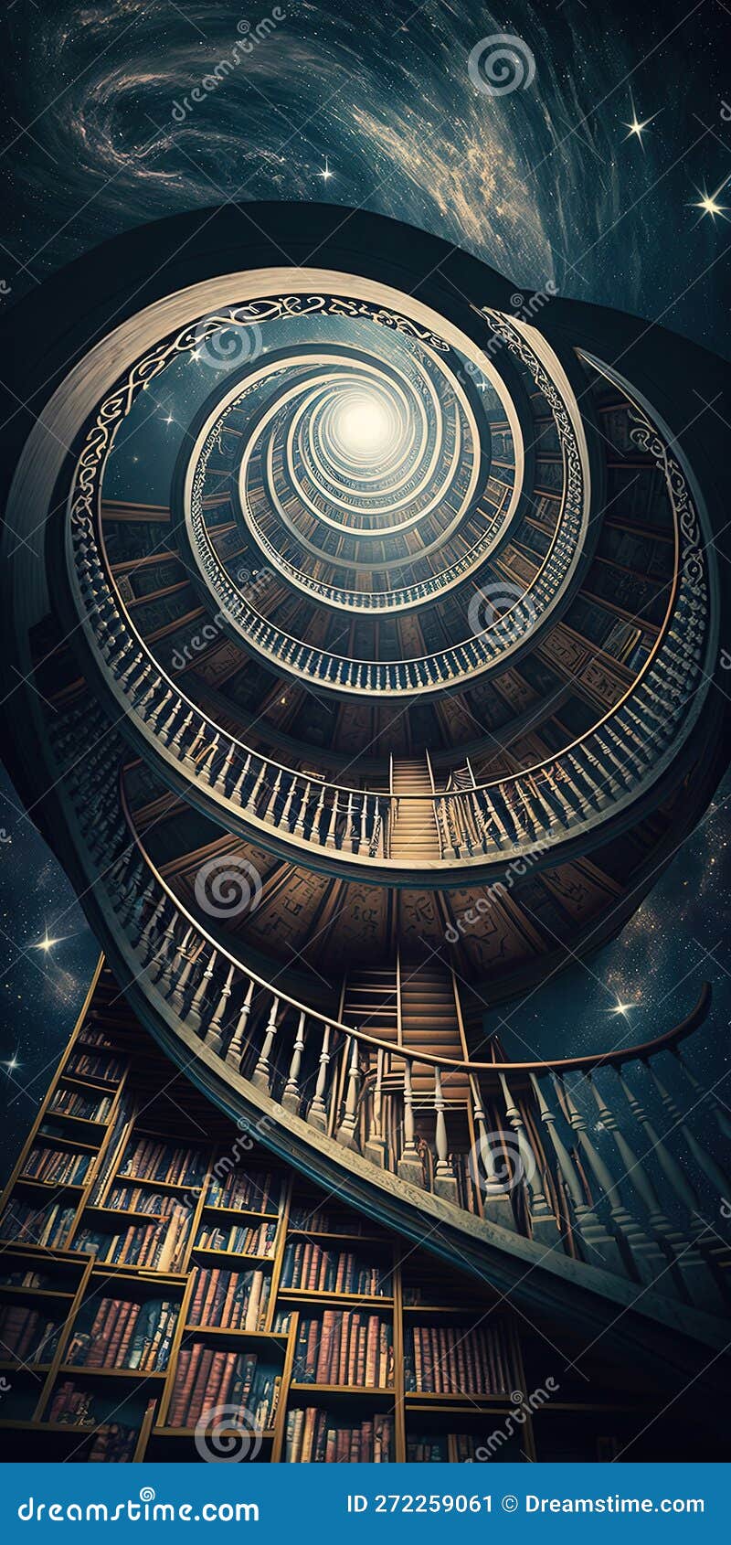 Fantasy Library with Spiral Stairs To the Sky. Generative Ai Stock ...