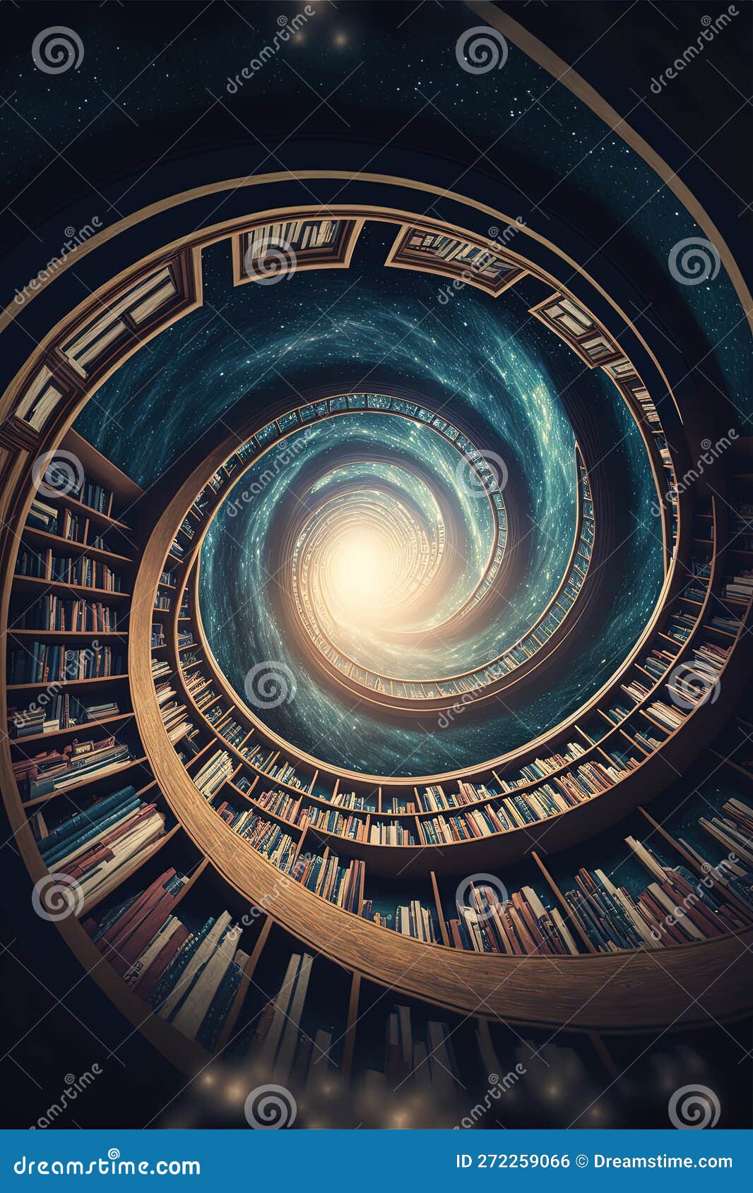 Fantasy Library with Spiral Stairs To the Sky. Generative Ai Stock ...