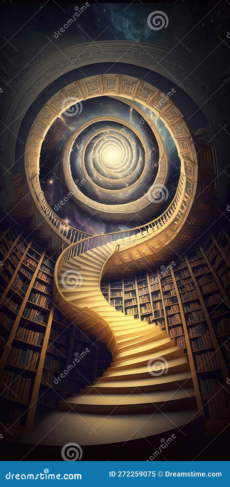 Fantasy Library with Spiral Stairs To the Sky. Generative Ai Stock ...